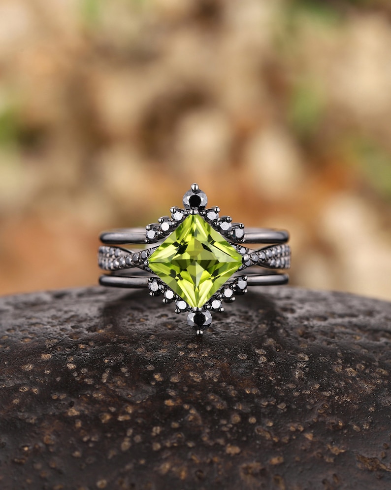 Princess Cut Peridot Engagement Ring Set Minimalist Black Moissanite ...