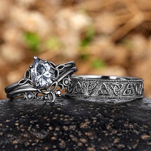 Gothic Black Gold Couple Ring Set Vintage Celtic Wedding Rings for ...