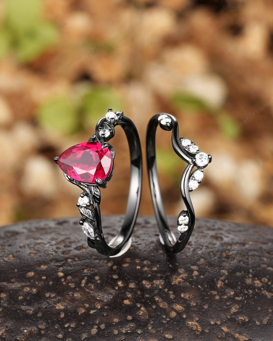 Gothic Pear Shape Ruby Leaf Engagement Ring Set Black Gold - Etsy