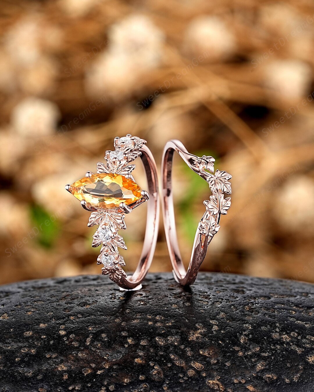 Marquis Cut Citrine Engagement Rings Set, Dainty Maple Leaf Nature ...