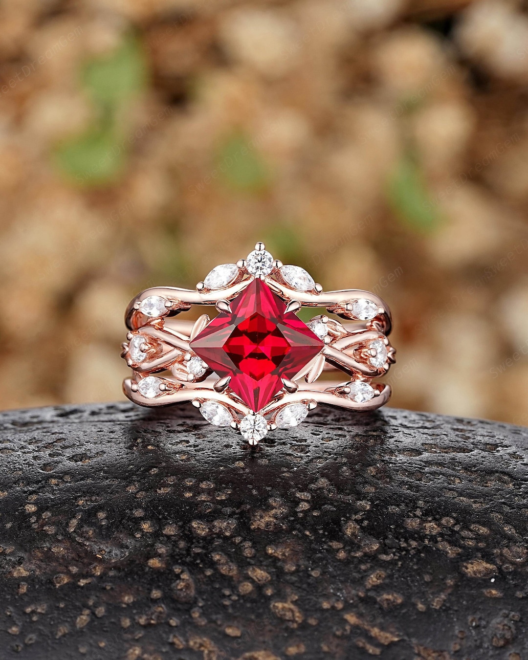 Princess Cut Ruby Engagement Ring Set Vintage Curved Moissanite Wedding ...