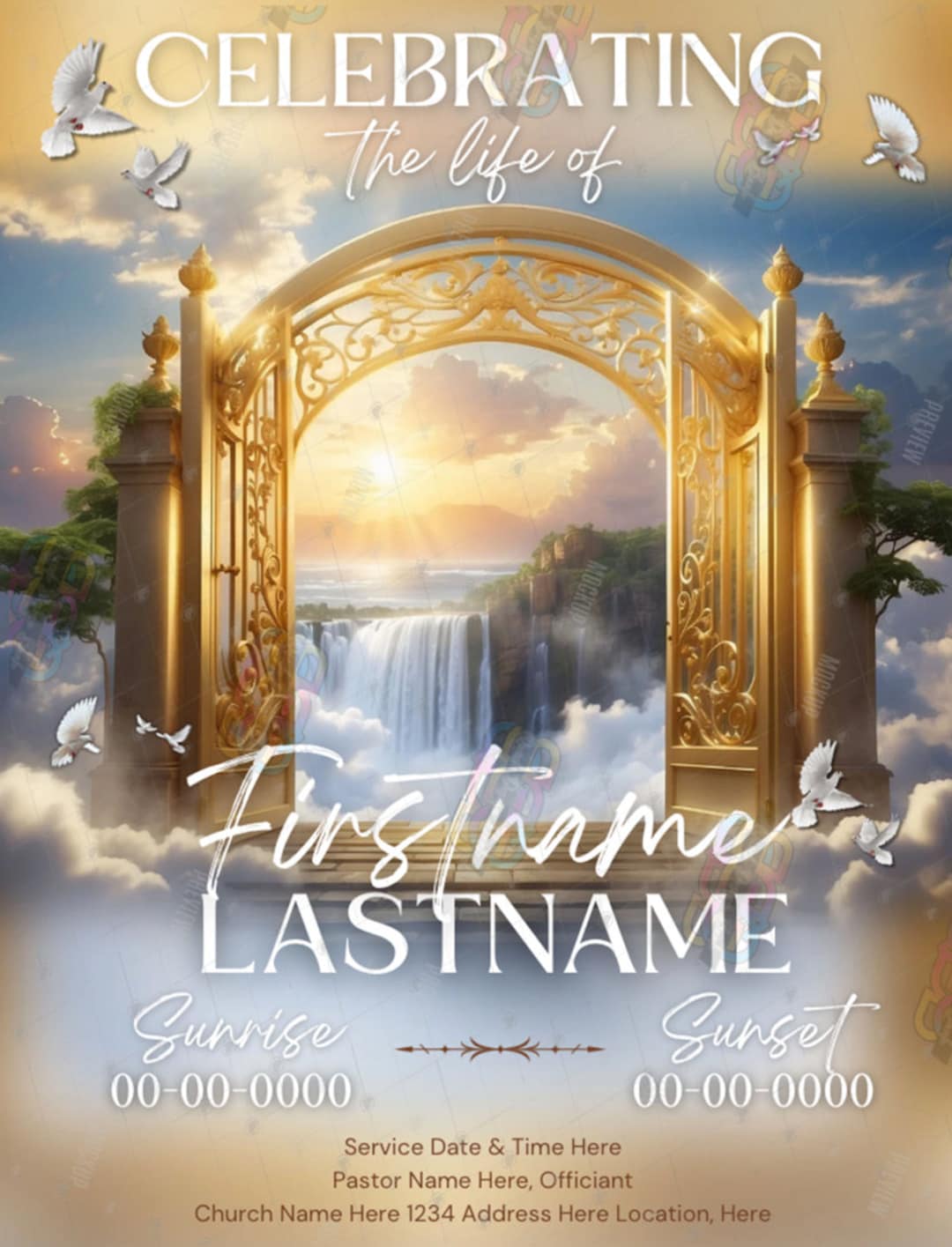 Gold Heavens Gate and Waterfalls Themed Obituary Template Cover ...