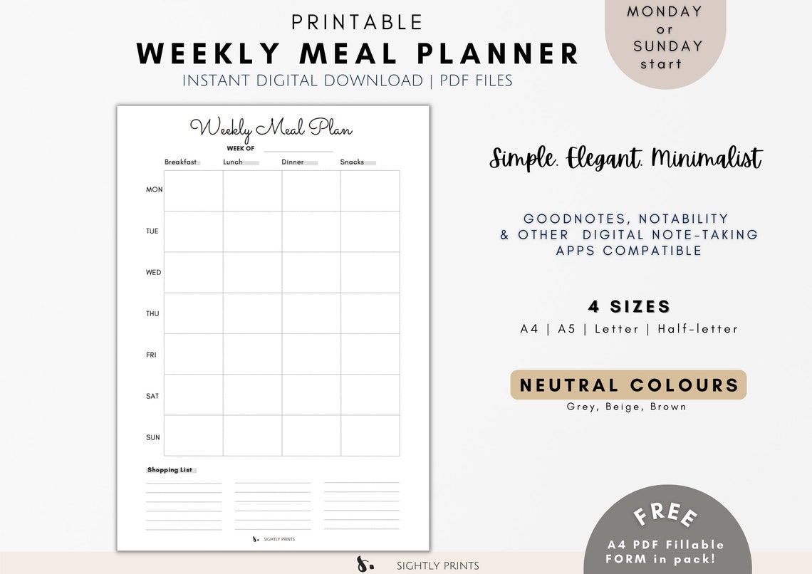 Printable Weekly Meal Planner Fillable Menu Planner Minimalist Neutral ...