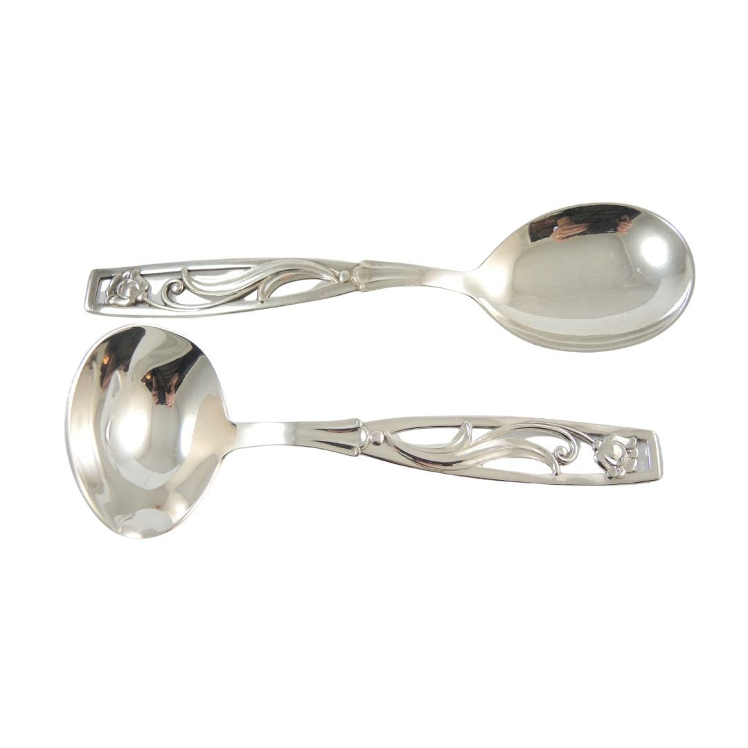 Vintage Danish Silver Plate Cutlery Serving Spoon & Gravy Ladle Floral ...