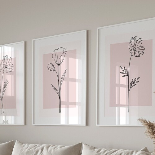 Pink Wall Art Prints Botanical Line Art Set of 3 Plant Wall - Etsy
