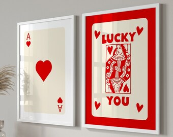 Red Trendy Retro Wall Art Set of 6, Lucky You Poster, Retro Trendy ...