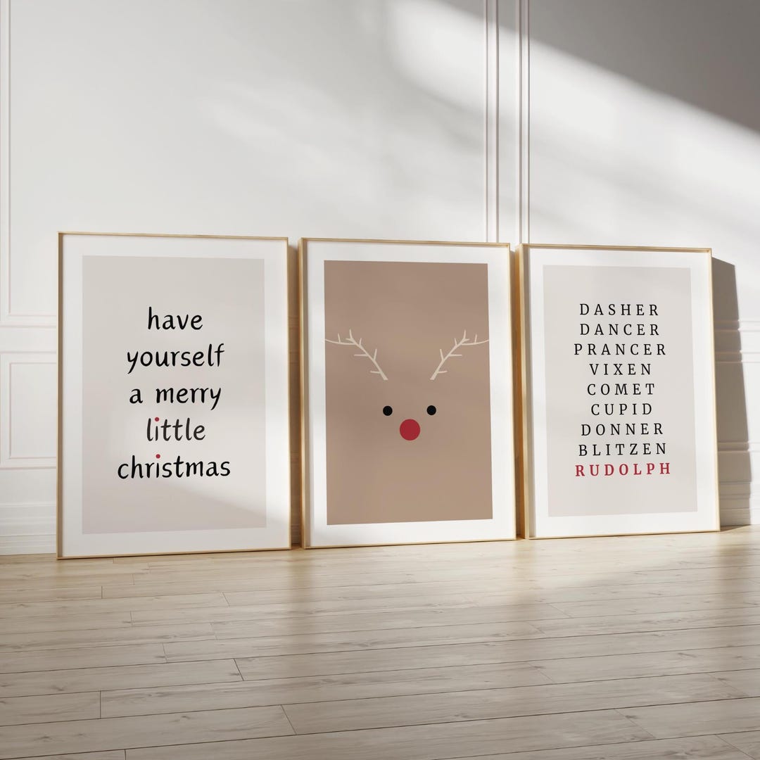 Neutral Christmas Reindeer Prints: Set of 3 Gallery Wall Art (digital ...
