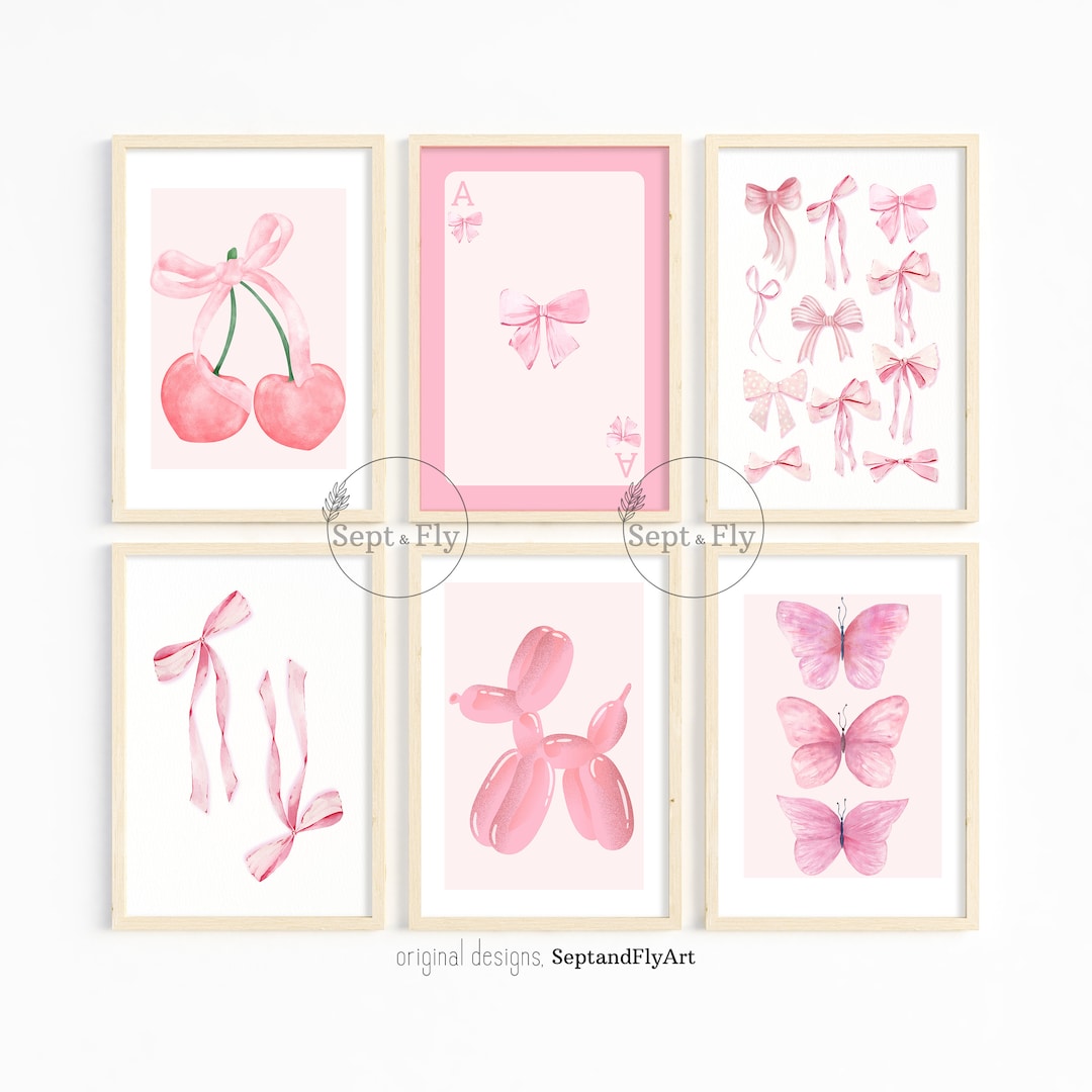 Trendy Pink Bows Wall Art Set of 6, Preppy Poster, College Apartment ...