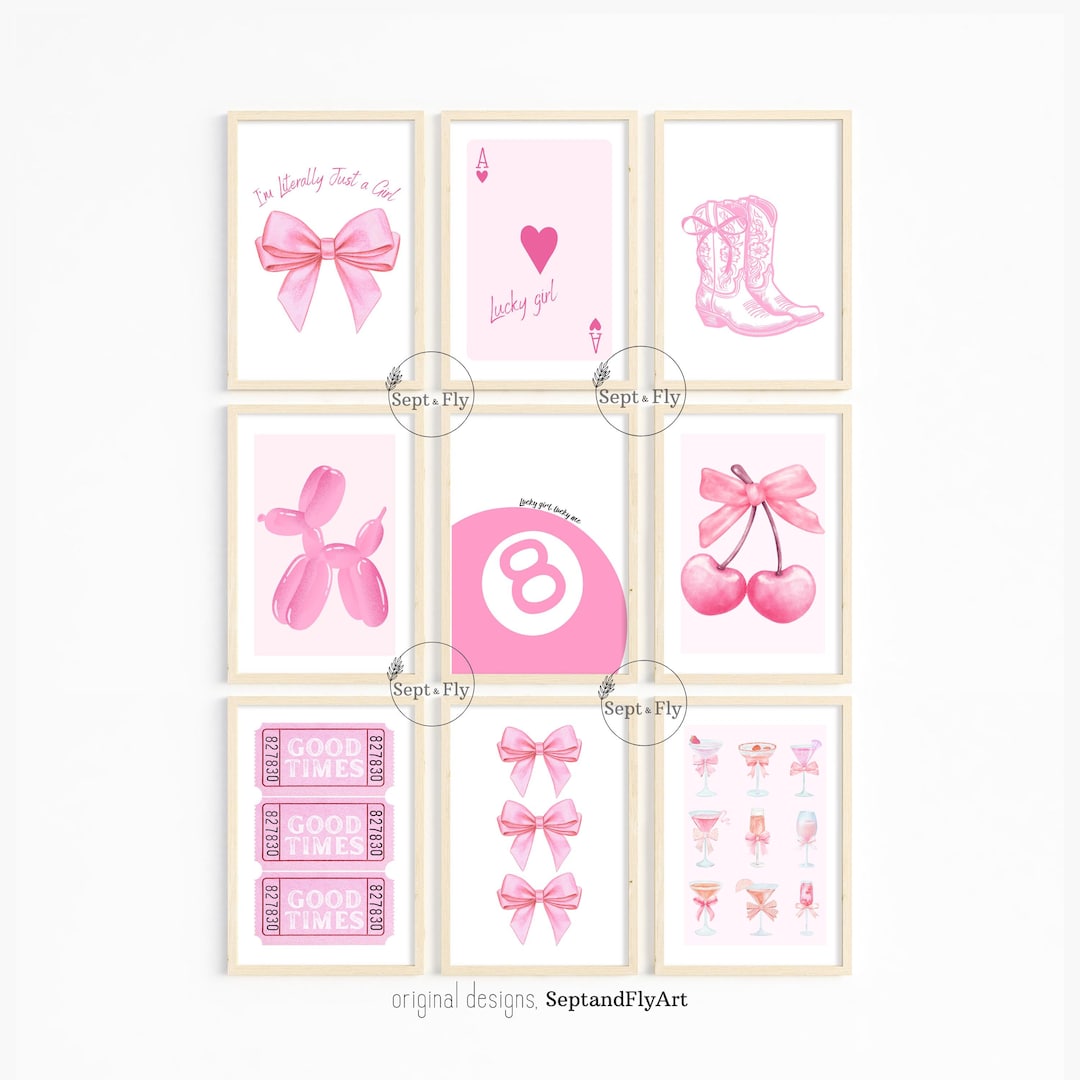 Trendy Pink Bows Wall Art Set of 9 Preppy Poster College Apartment ...