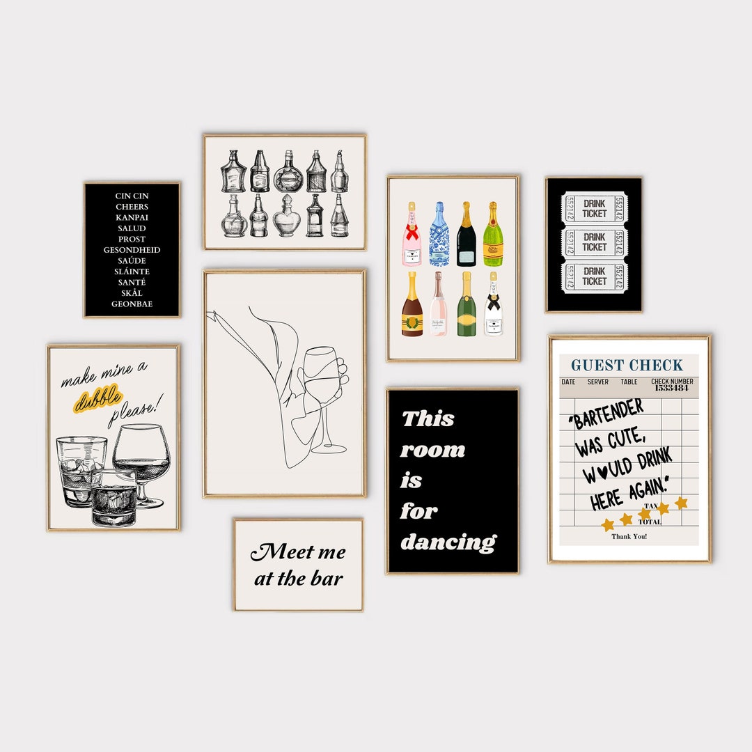 Bar Cart Poster Set of 9 Funny Bar Poster Aesthetic Bar Decor Trendy ...
