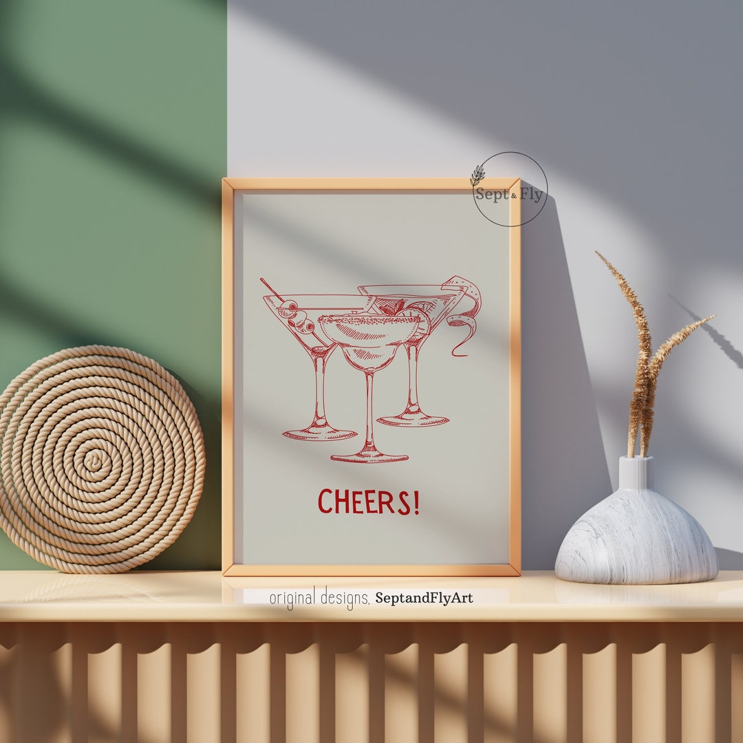 Red Bar Cart Prints Posters Cheers Cute Cocktail Wall Art Trendy Bar ...