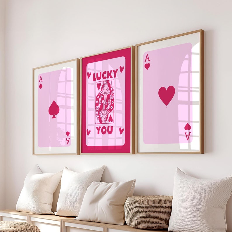 Retro Pink Card Art Prints: Ace, Lucky You - Set of 3 (digital Download ...