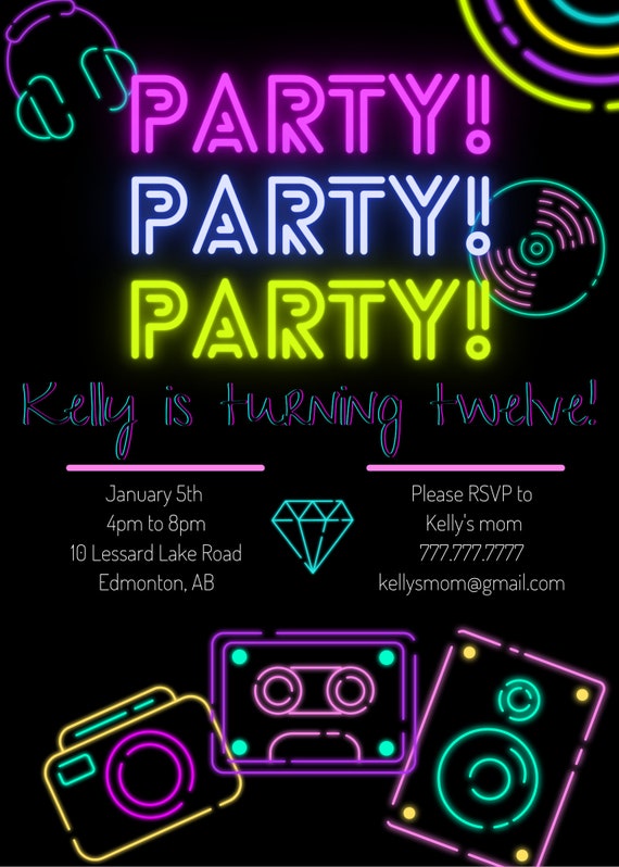 Neon Themed Digital Invitation Birthday Invitation Neon Teen | Etsy