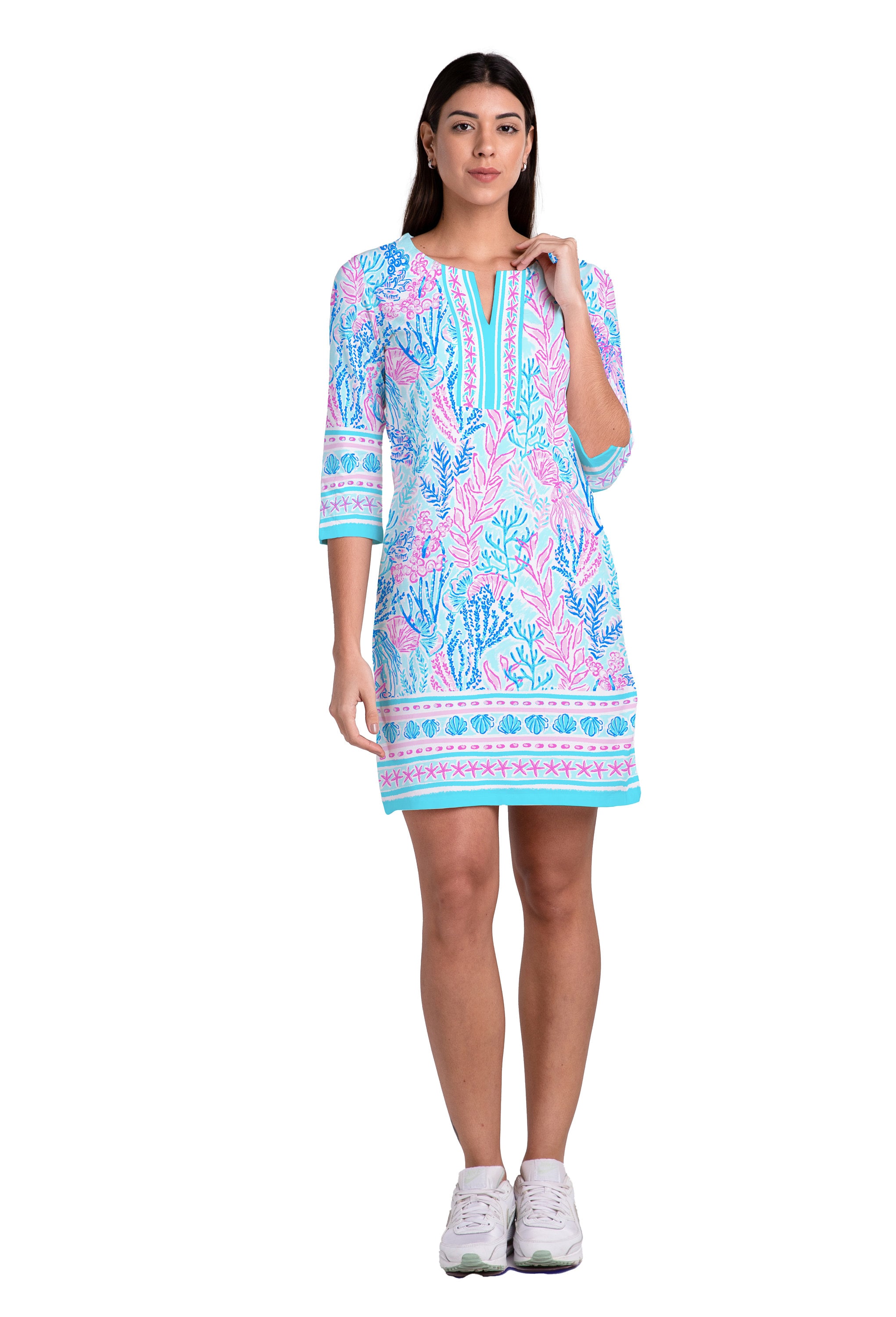 Women 3/4 Sleeve Slit Neck Dress Deep Sea Printed Cotton Spandex ...