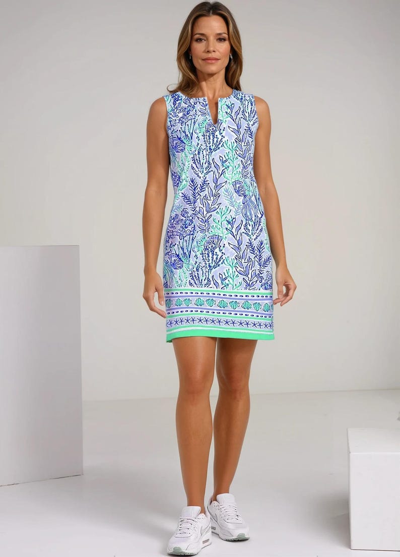 Women Sleeve Less Dress Deep Sea Blue Printed Cotton Spandex Knitted ...