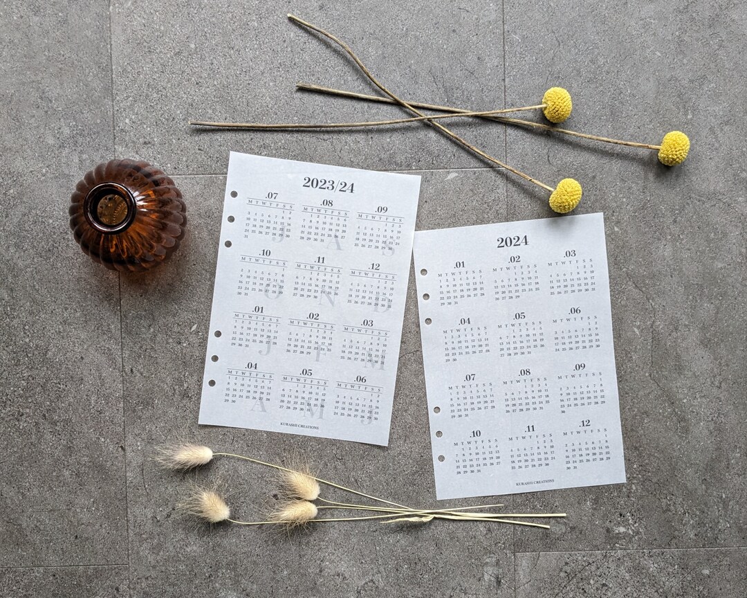 Yearly Calendar for Planners and Journals, Vellum Matte Transparent, A5 ...