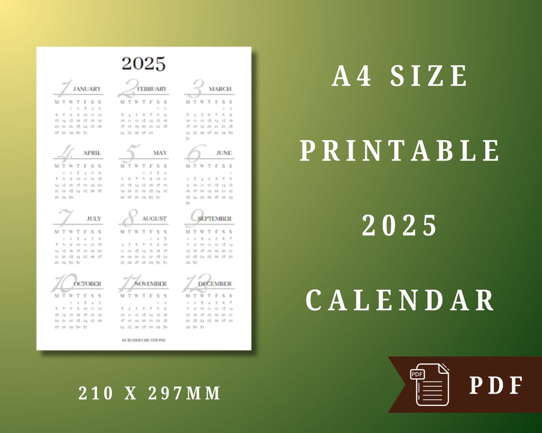 A4 Size PRINTABLE 2025 Yearly Calendar for Your Planners, the Week ...