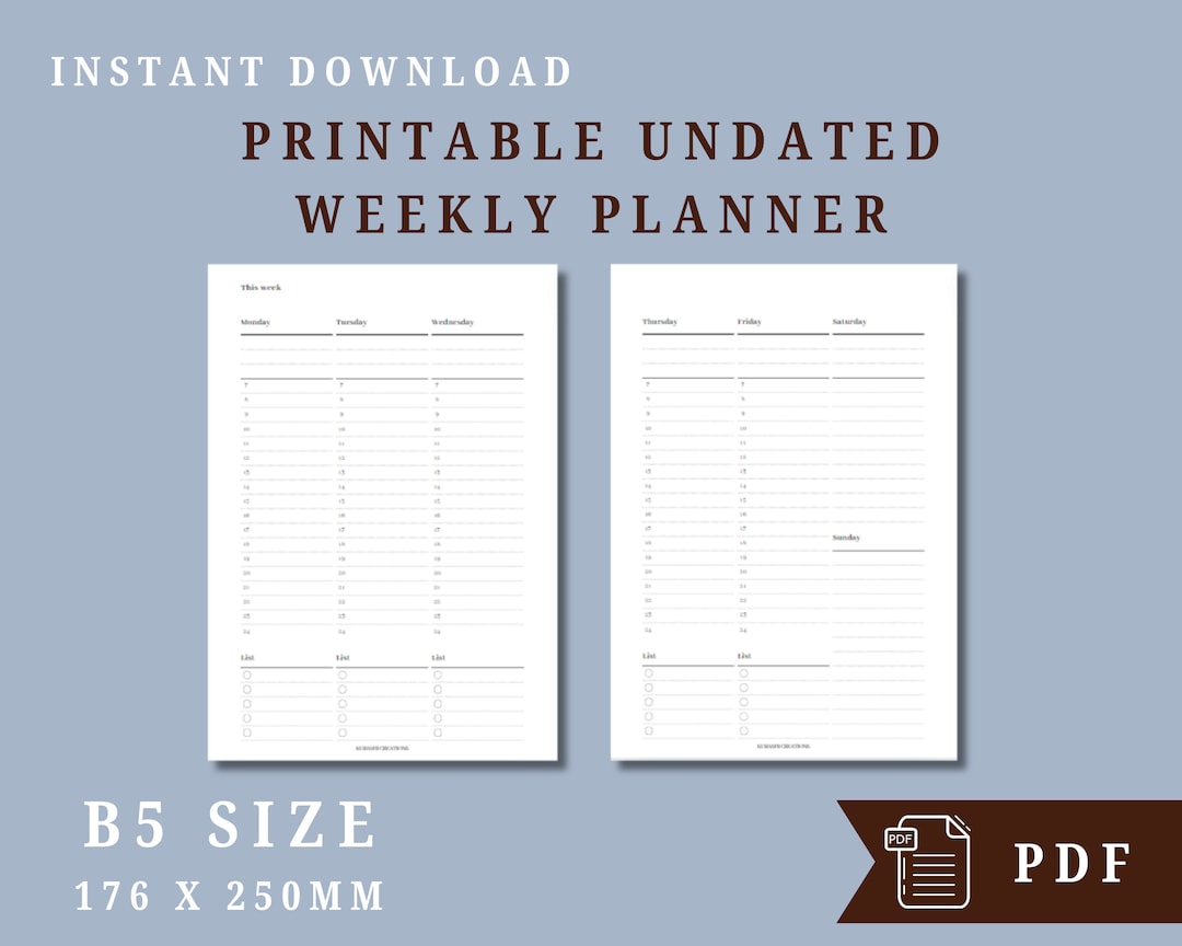 B5 Size PRINTABLE Undated Weekly Planner Template, Task Management ...