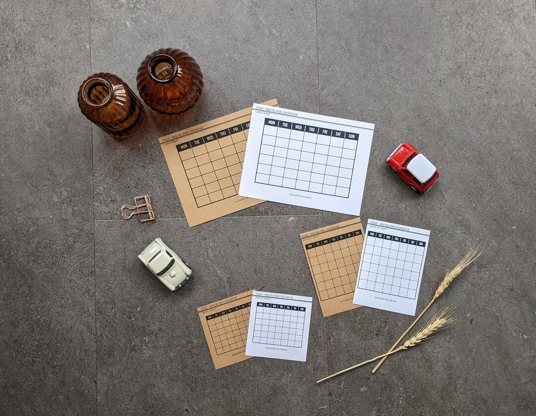 Half Page Blank Monthly Calendars in Small, Medium and Large Size for ...