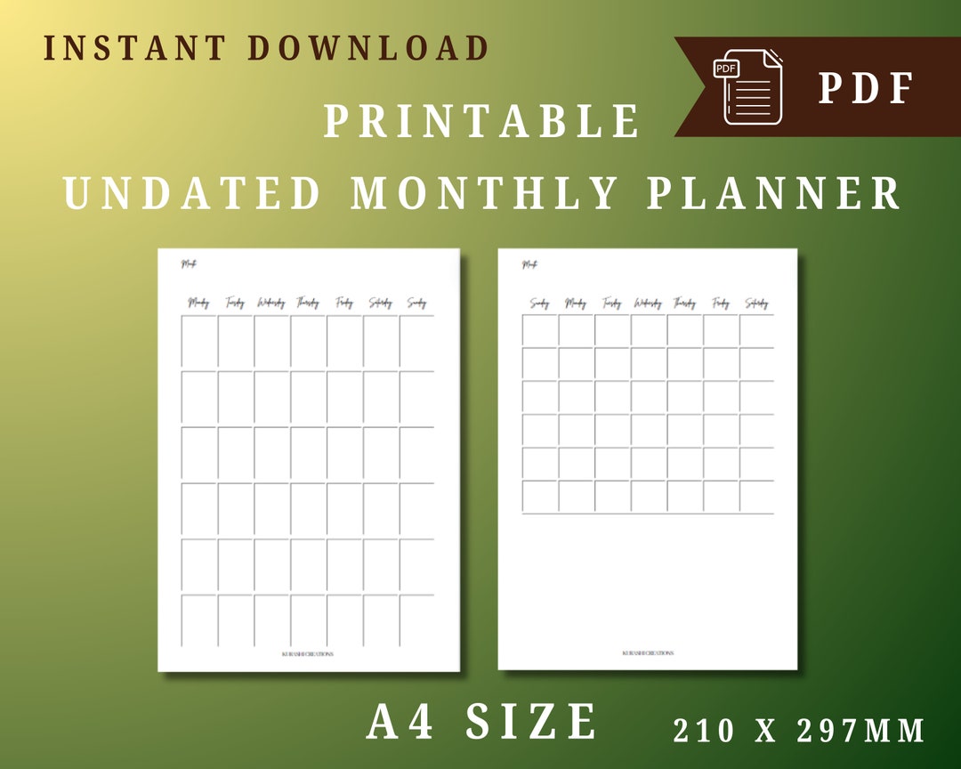 A4 Size PRINTABLE Undated One Page Monthly Planner Refill Template ...