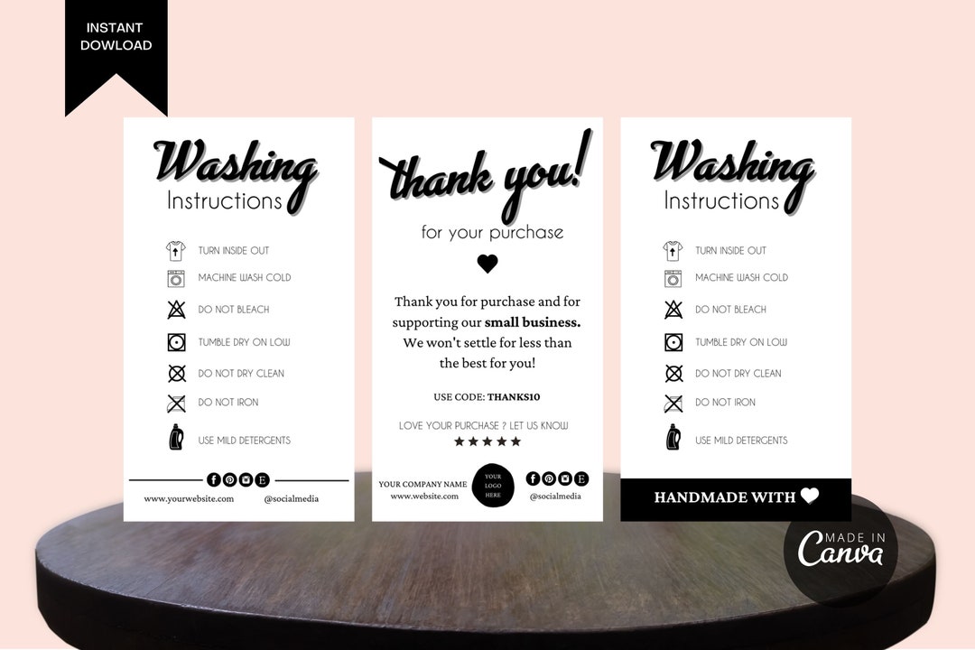 Printable Washing Instruction Card, Editable Shirt Care Card, Apparel ...