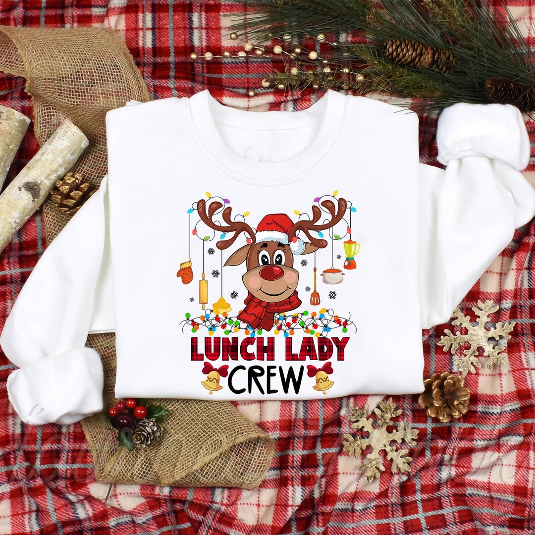 Christmas Santa Hat Reindeer Lunch Lady Crew Sweatshirt, Reindeer Lunch ...