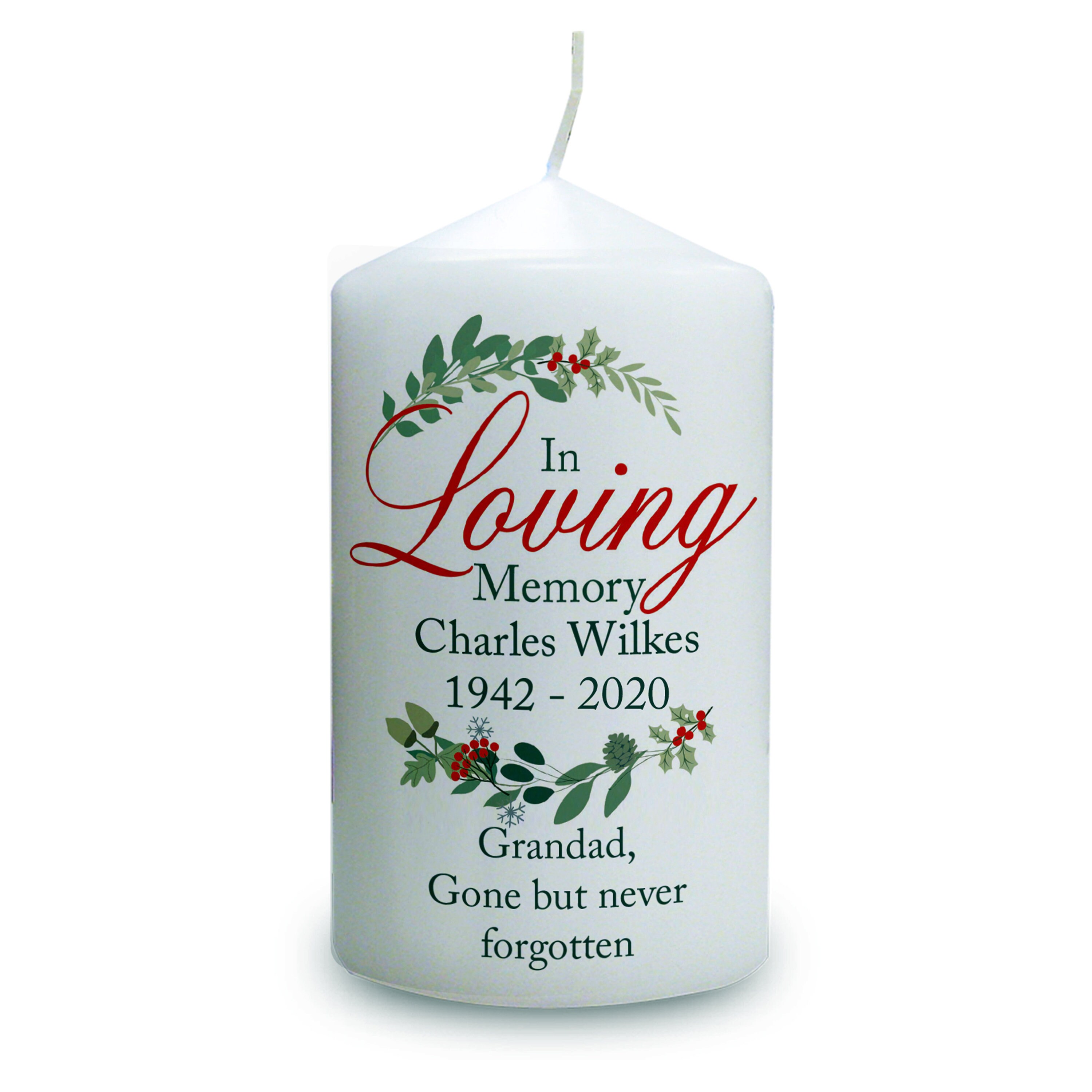 Personalised in Loving Memory Wreath Pillar Candle by Cellini Candles ...