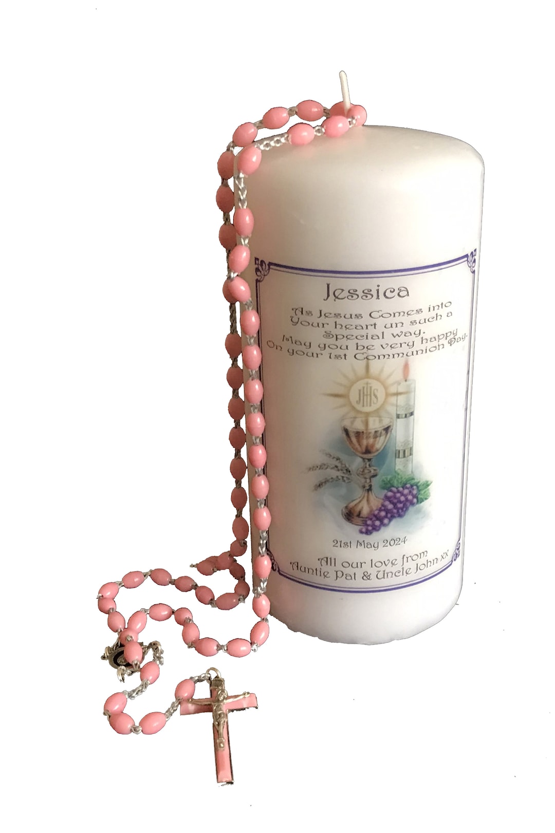 First Holy Communion Candle With Rosary Beads Personalised Gift for ...