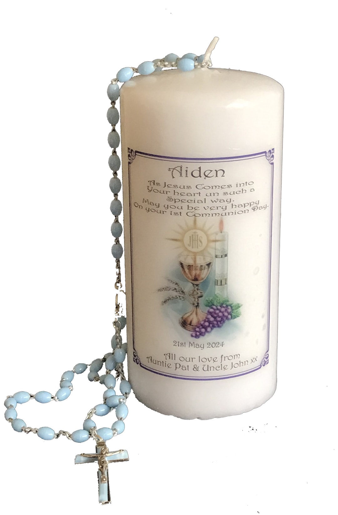 First Holy Communion Candle With Rosary Beads Personalised Gift for Boy ...