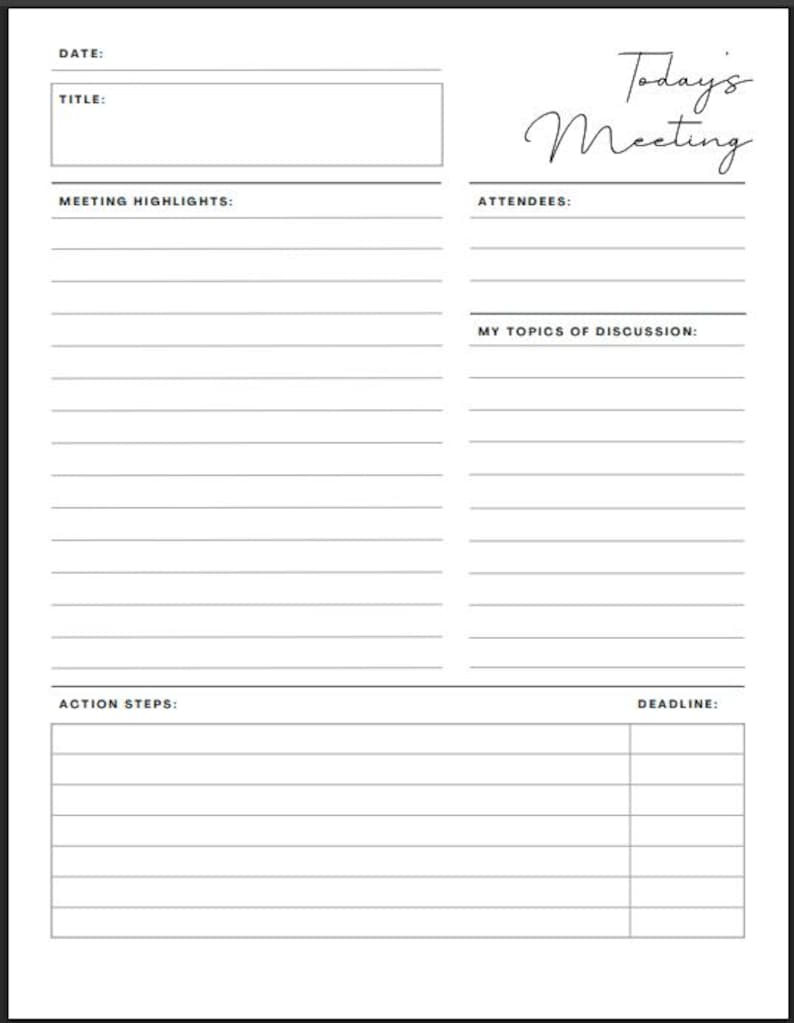Printable Professional Meeting Note Sheet and Project Worksheet ...