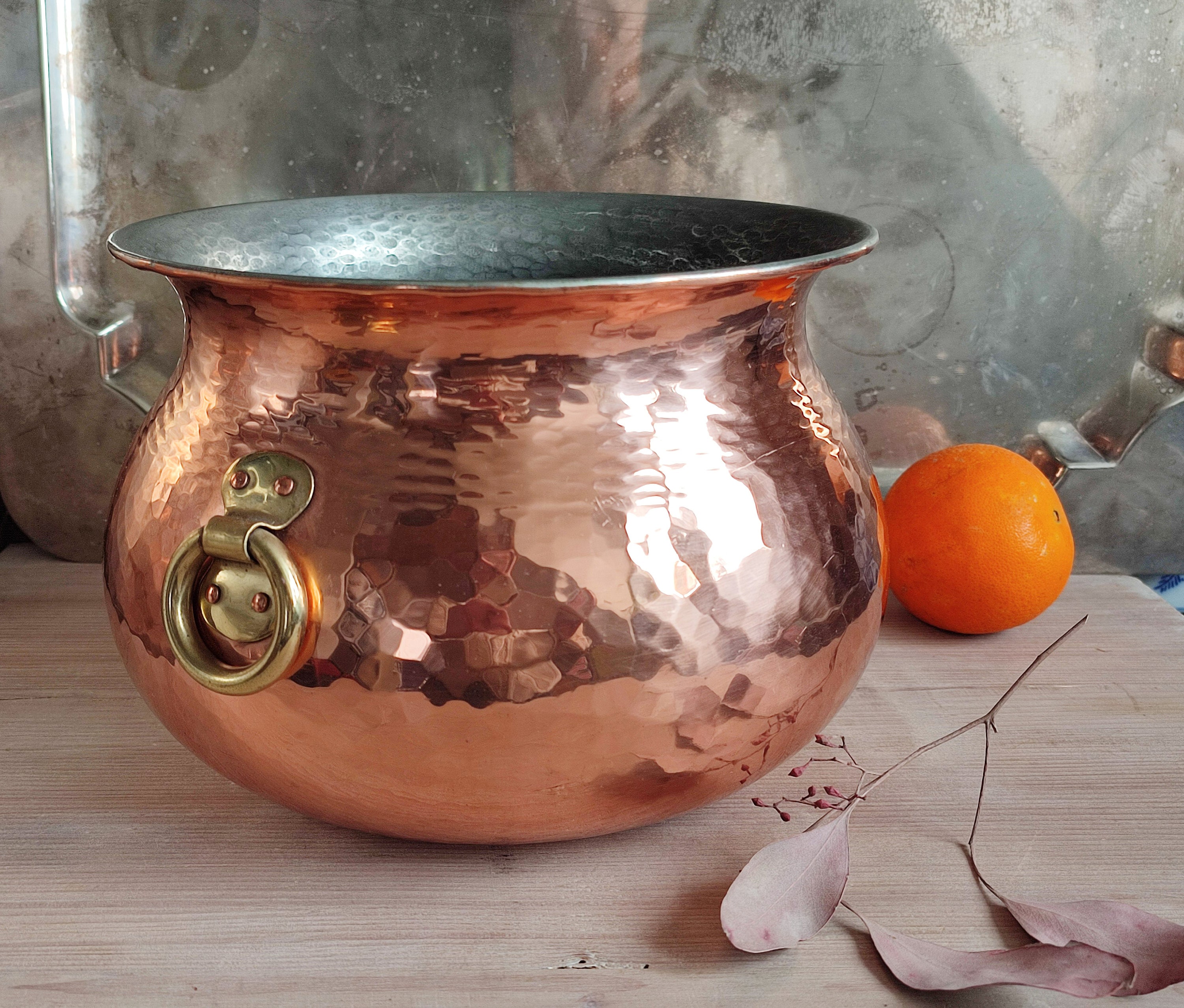 Copper Hammered Kettle Planter Extra Large Copper Planter With Brass ...