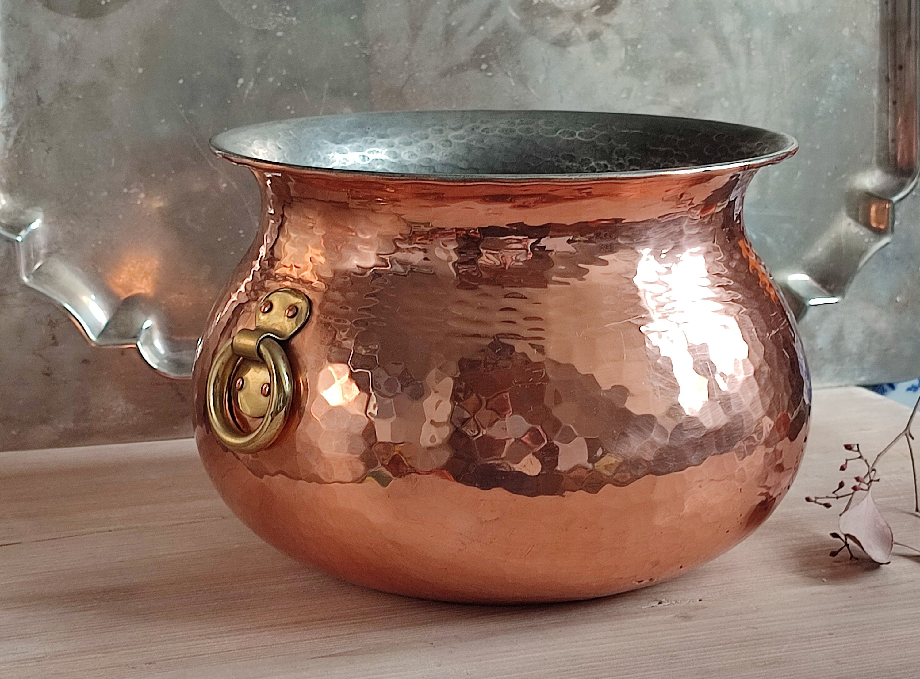Copper Hammered Kettle Planter Extra Large Copper Planter With Brass ...