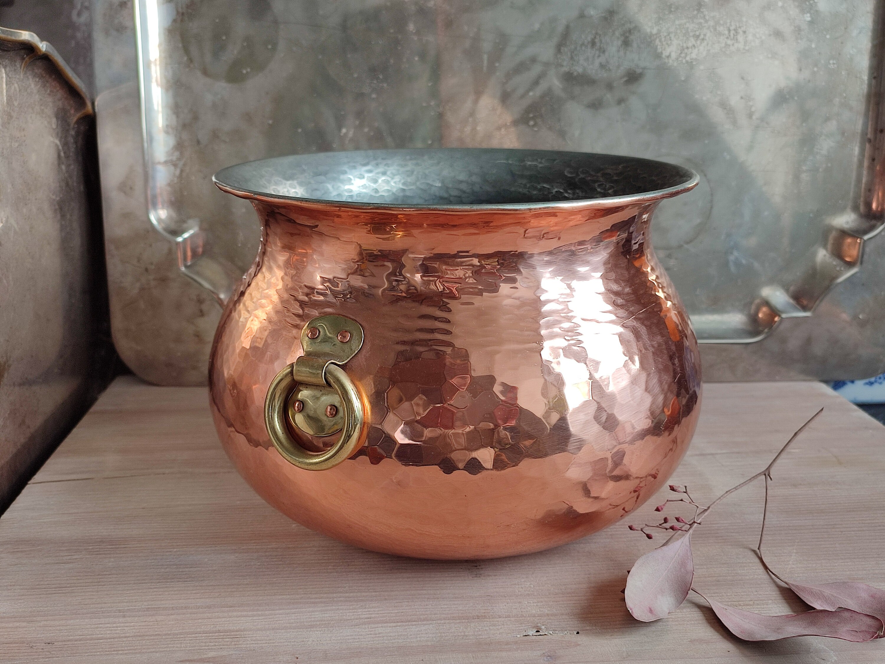 Copper Hammered Kettle Planter Extra Large Copper Planter With Brass ...