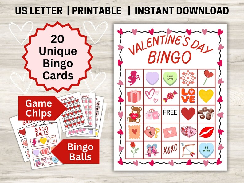 Valentine's Day Bingo Printable, 20 Valentine Bingo Cards, Great for a ...