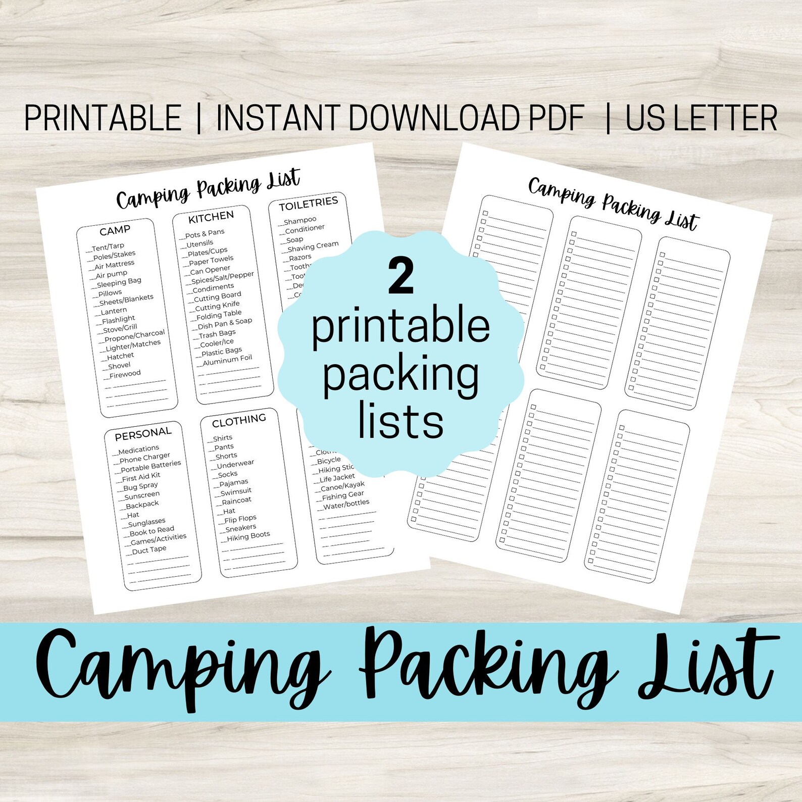 Printable Camping Packing List | 2 Checklists | US Letter | Instant ...