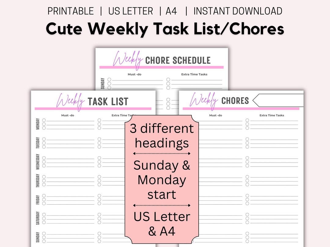 Weekly Task Planner, Weekly Task List, Weekly Checklist, Chore List ...