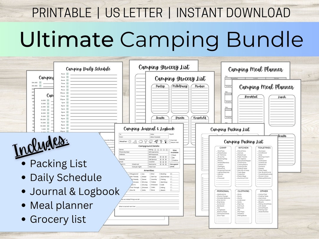 Printable Camping Journal & Logbook Bundle, Meal Planner, Packing List ...
