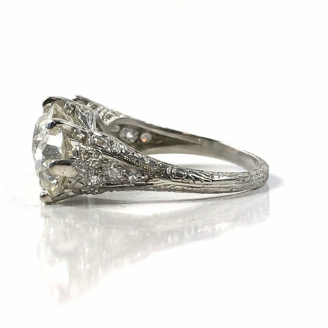 1890's Vintage Edwardian Engagement Ring, 4.00 Carat Round Cut Diamond ...