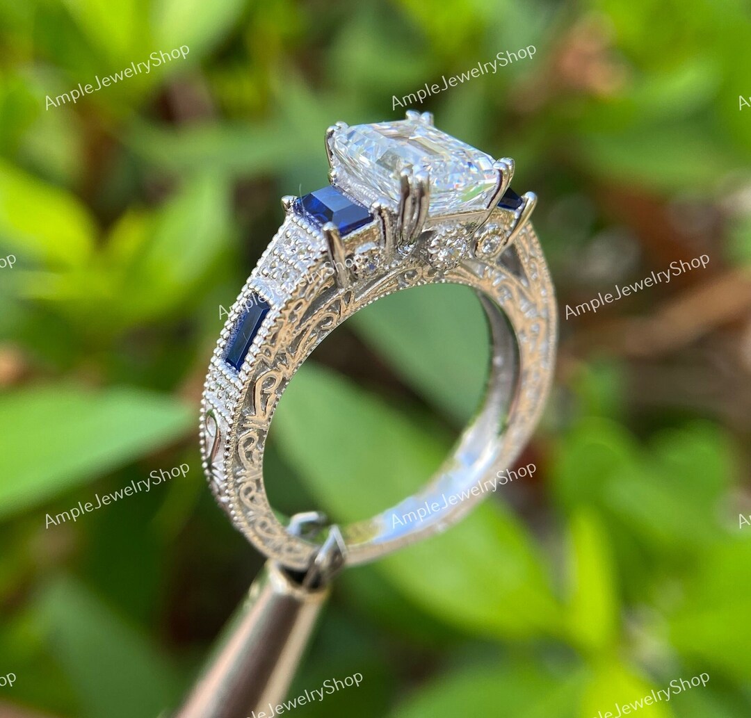 1890s Vintage Art Deco 2 Ct Emerald Diamond & Sapphire Engagement Ring in 935 Argentium Silver ...