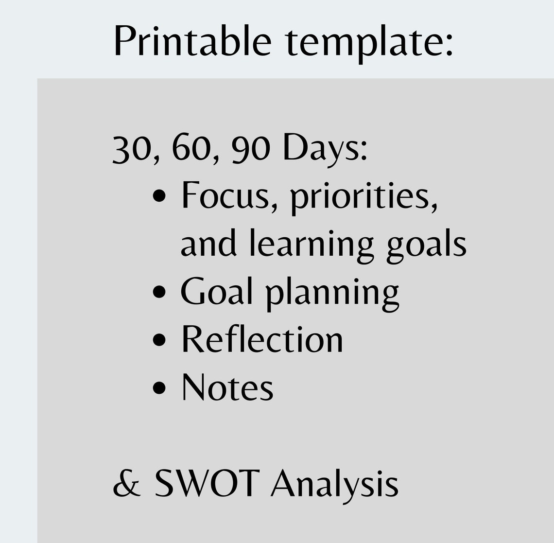 30 60 90 Day Plan PDF Template Printable Notes Reflection SWOT
