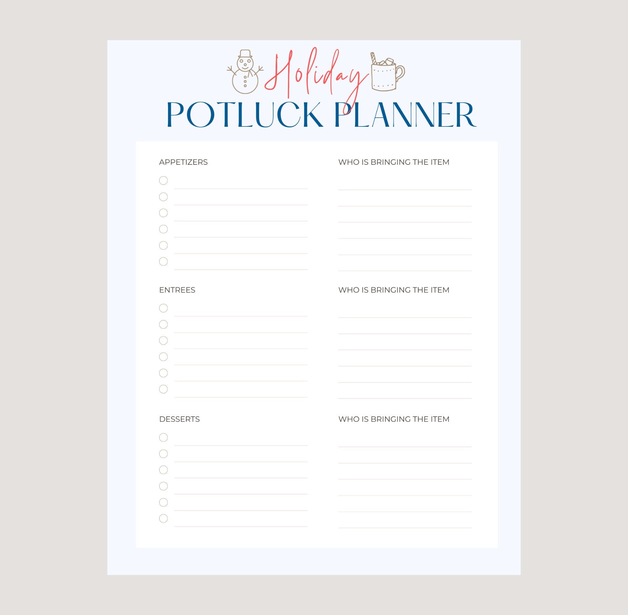 Holiday Potluck Printable, Sign up Sheet, Potluck Dinner Planner, Printable PDF, Holiday Planner ...