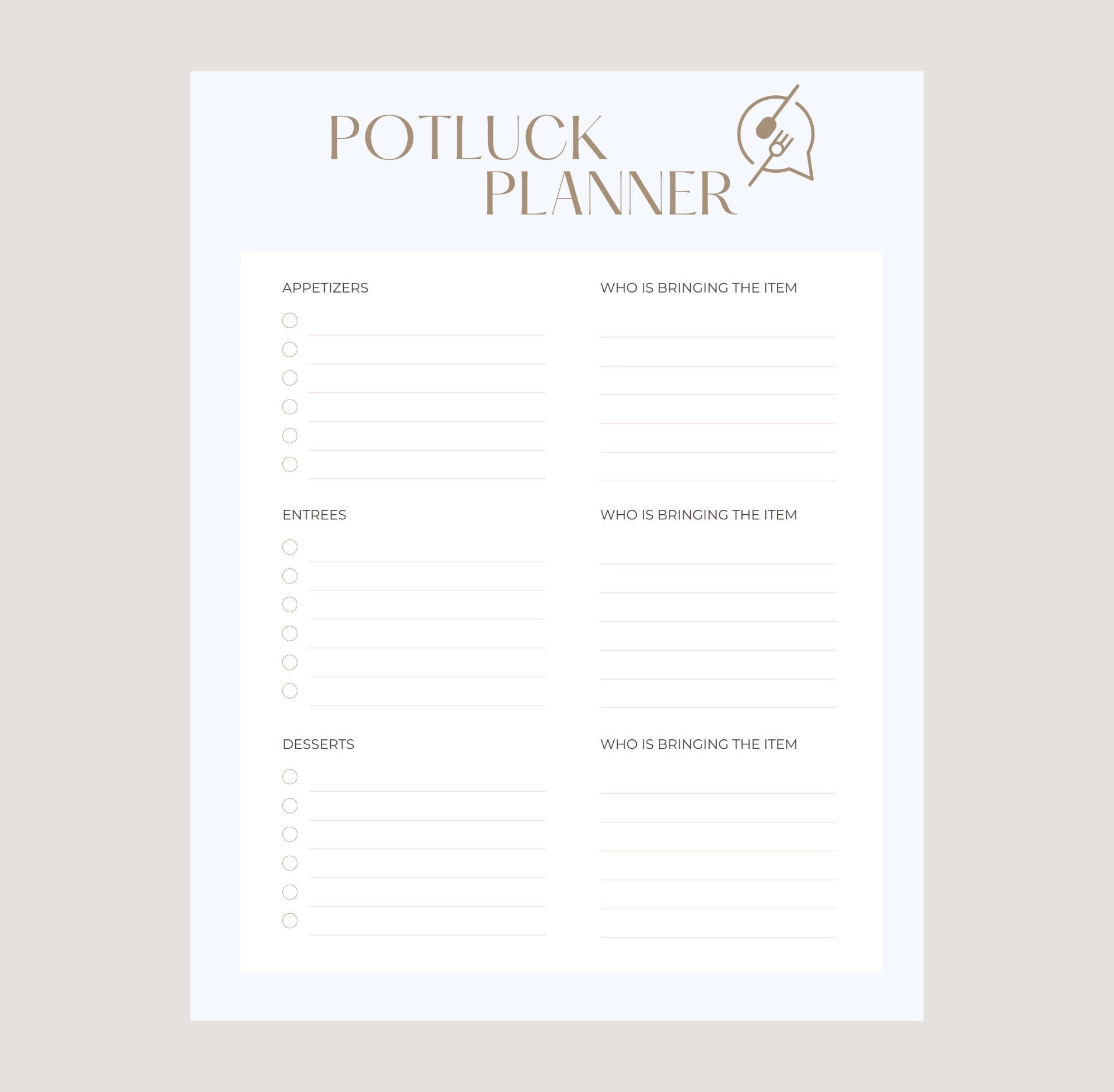Potluck Printable, Sign up Sheet, Potluck Dinner Planner, Printable PDF ...