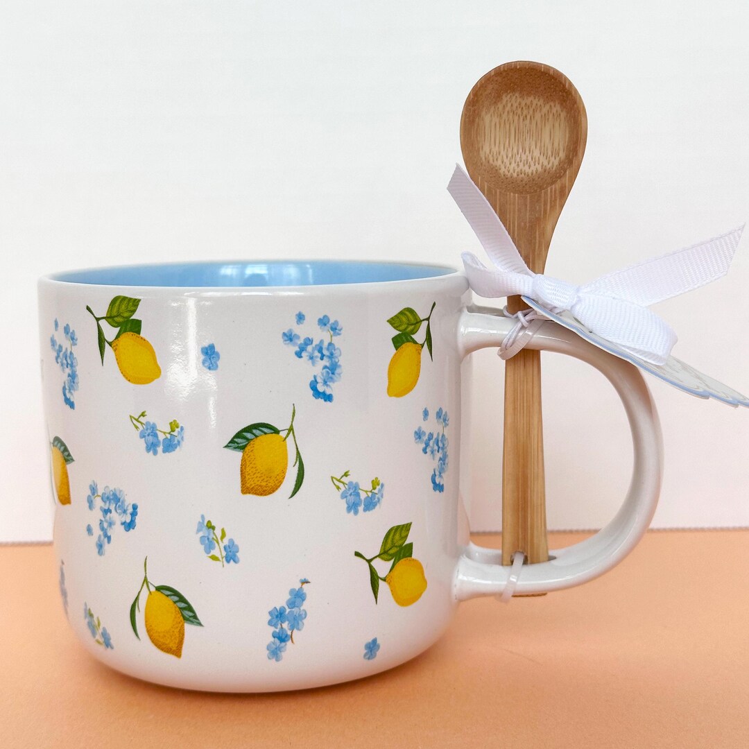 Lemon Pattern Mug With Wooden Spoon: Citrus Tea Cup Gift Set - Etsy