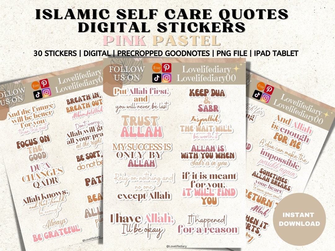 ISLAMIC QUOTES STICKERS Digital Pink Pastel Boho Islamic Daily Quotes ...