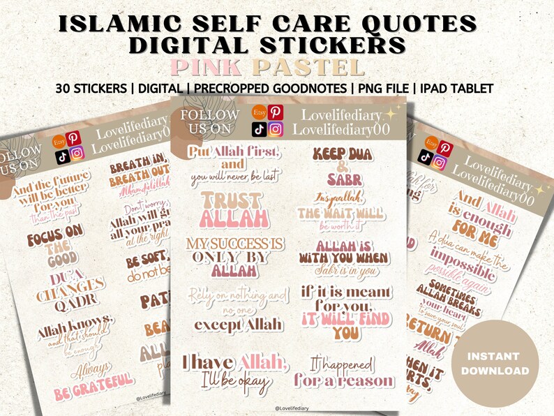 ISLAMIC QUOTES STICKERS Digital Pink Pastel Boho Islamic Daily - Etsy