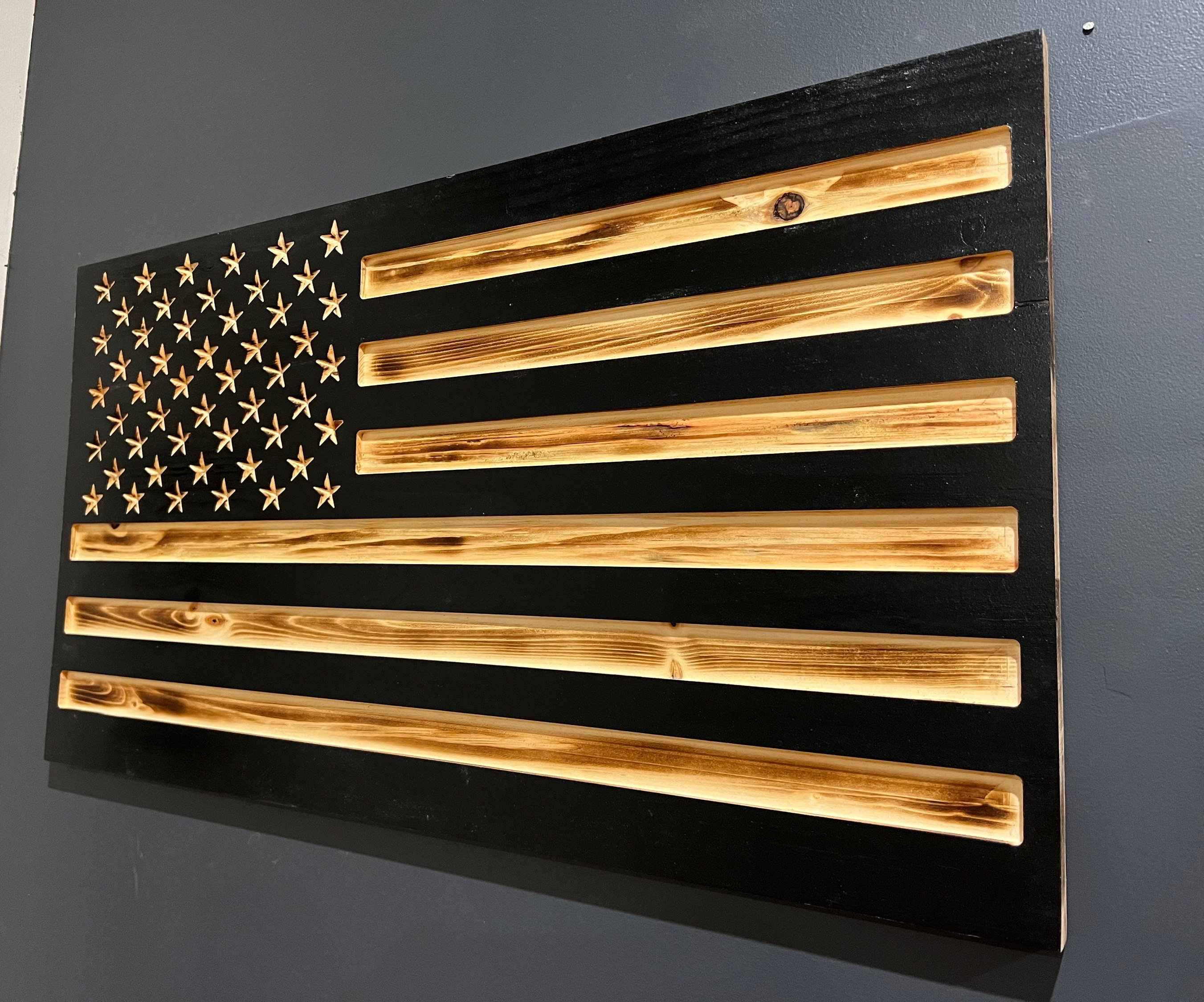 CNC Carved American Flag | Black and Burned Wood Flag - Etsy