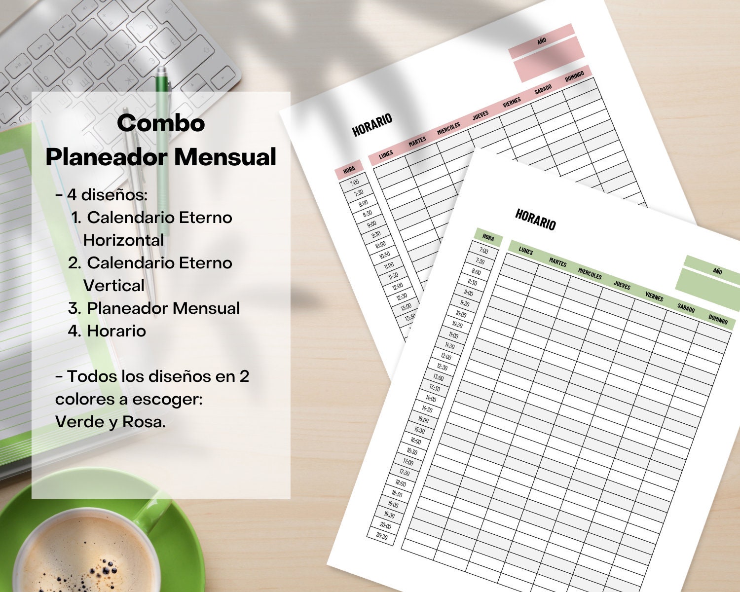 Calendars & Planners Paper Schedule Monthly Green & Rose Pink Color ...