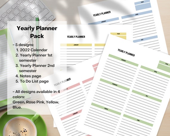 Calendars & Planners Paper Notes SPANISH Year Plan Yearly Green & Rose ...