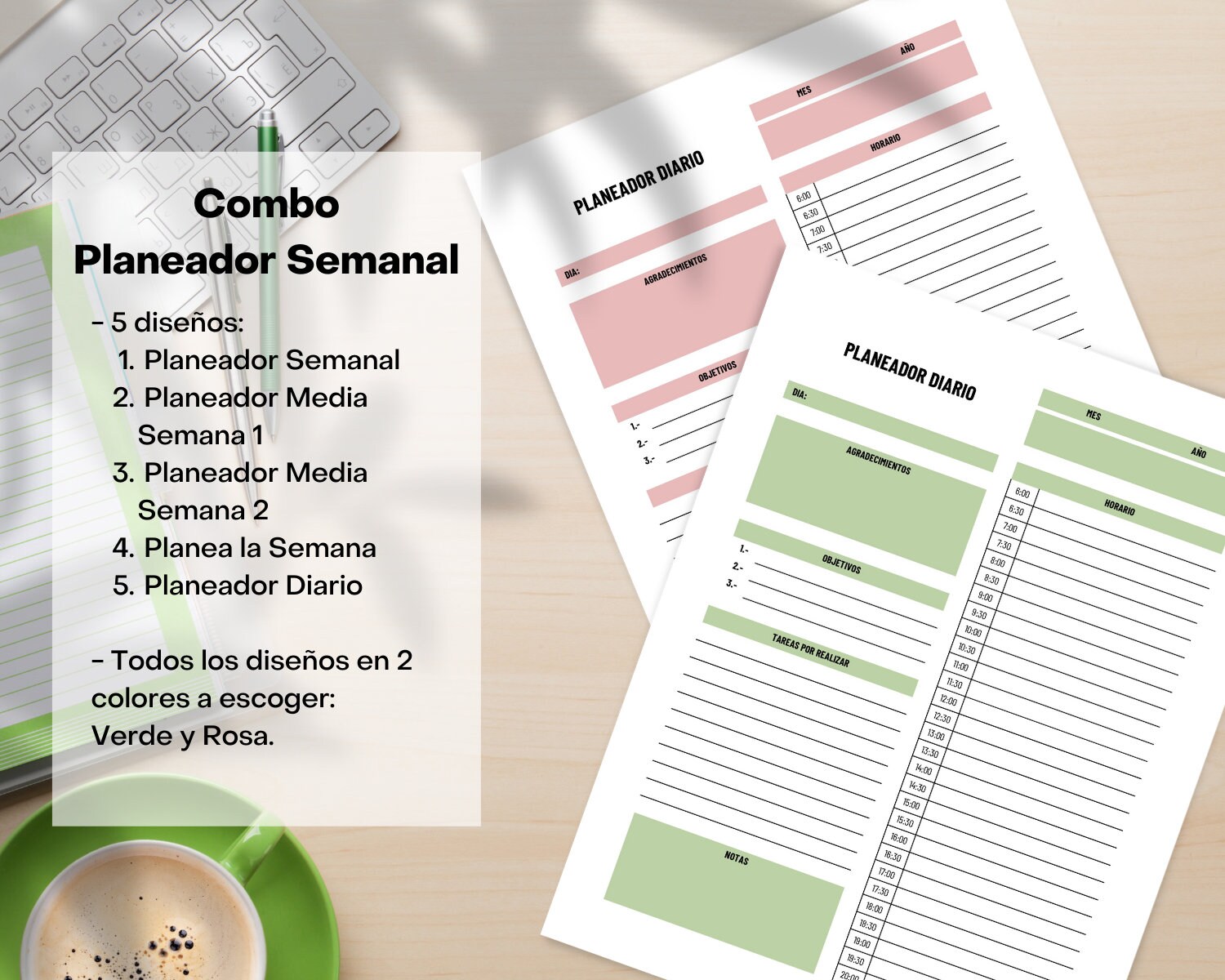 Paper Paper & Party Supplies Organizer Weekly Green and Rose Pink Color ...