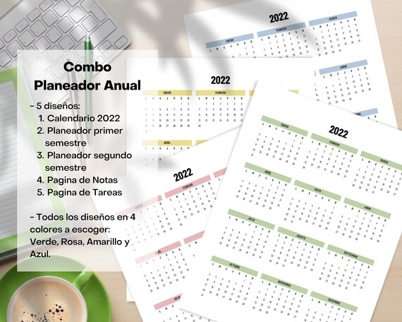 Calendars & Planners Paper Notes SPANISH Year Plan Yearly Green & Rose ...